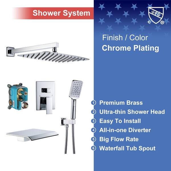 Rainlex Wall-Mounted Multi-Functions 12" Rainfall Shower Head Chrome Plating Fixture Waterfall ...